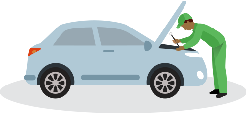 A graphic of a mechanic fixing a vehicle